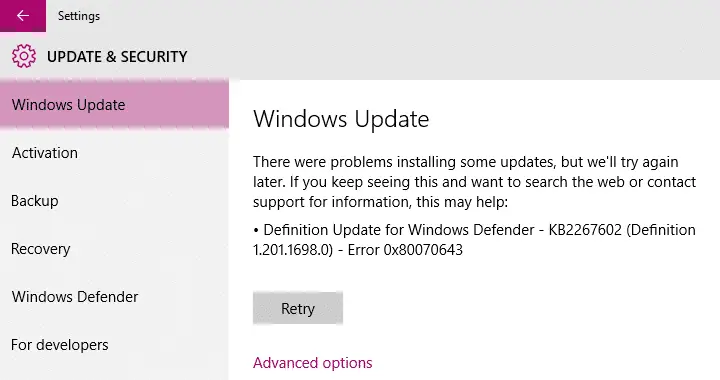 Windows Defender Error 0x80070643 Updating Definitions Winhelponline