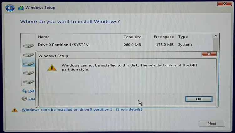Windows cannot be installed to this disk. The selected disk is of the ... Windows cannot be installed to this disk. The selected disk is of the ...